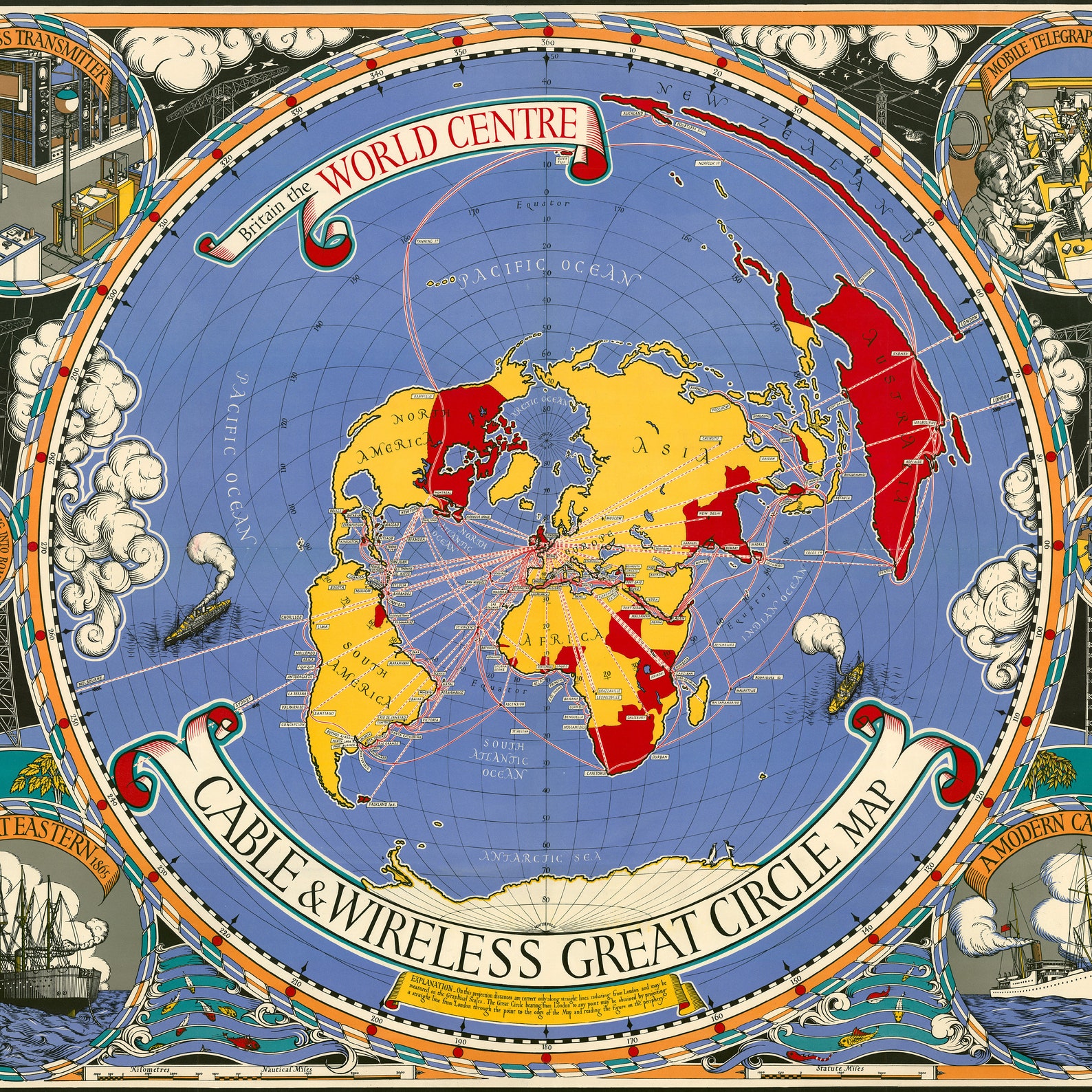 Cable & Wireless Great Circle Map 1945 Macdonald Gill - Etsy