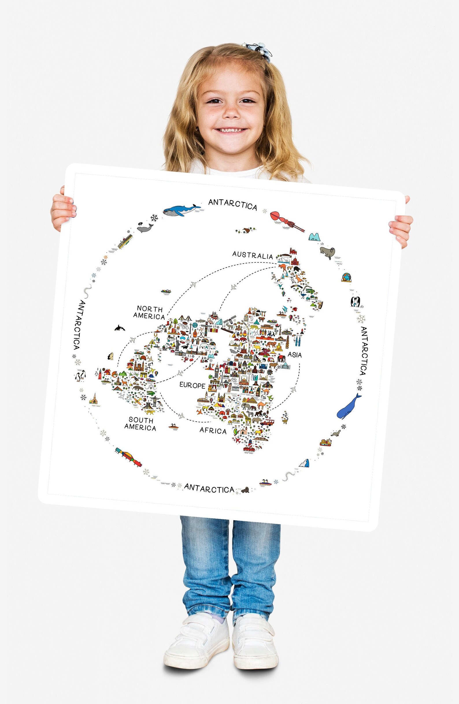 Illustrated Flat Earth Map - Cartoon Map Featuring Landmarks and ...