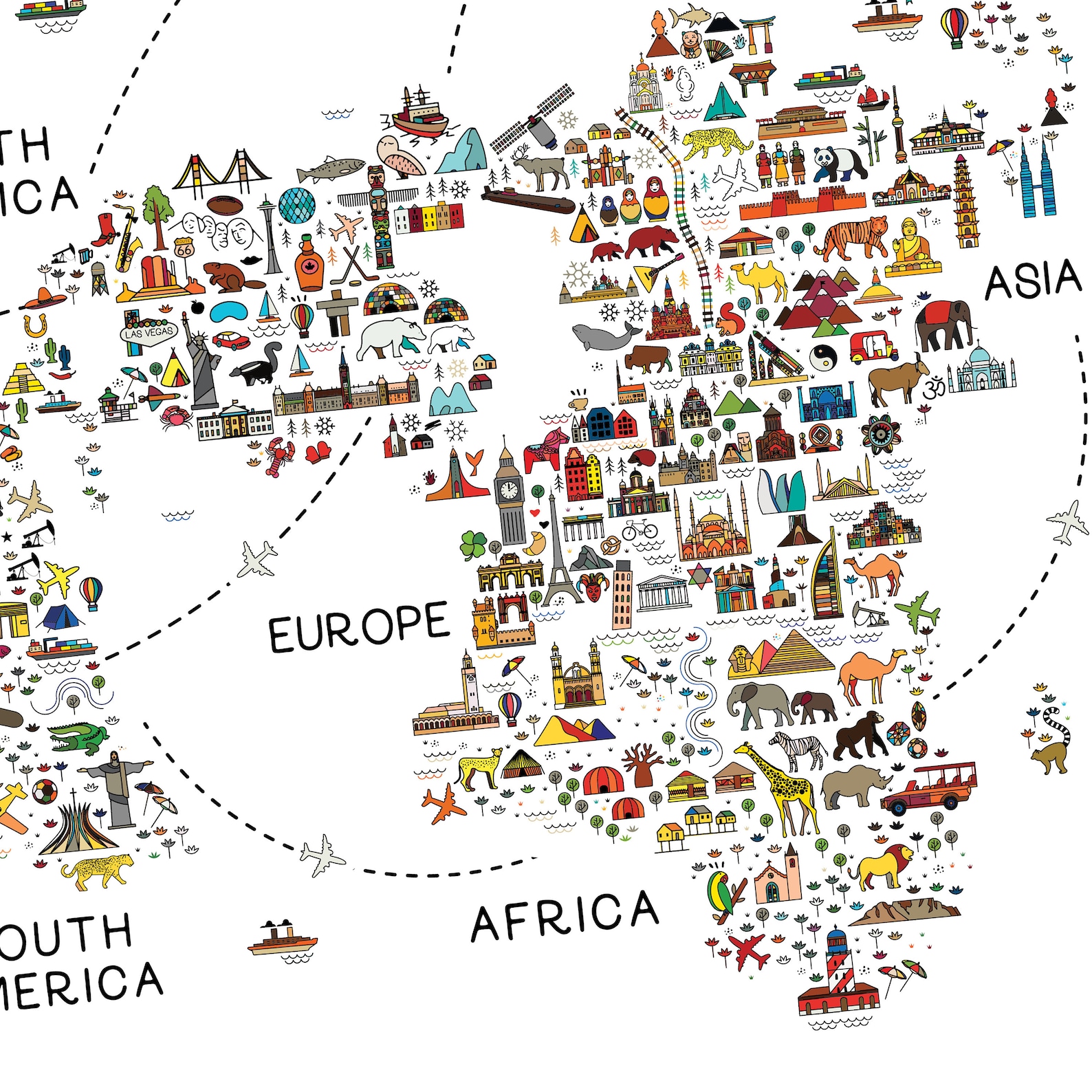 Illustrated Flat Earth Map - Cartoon Map Featuring Landmarks and ...