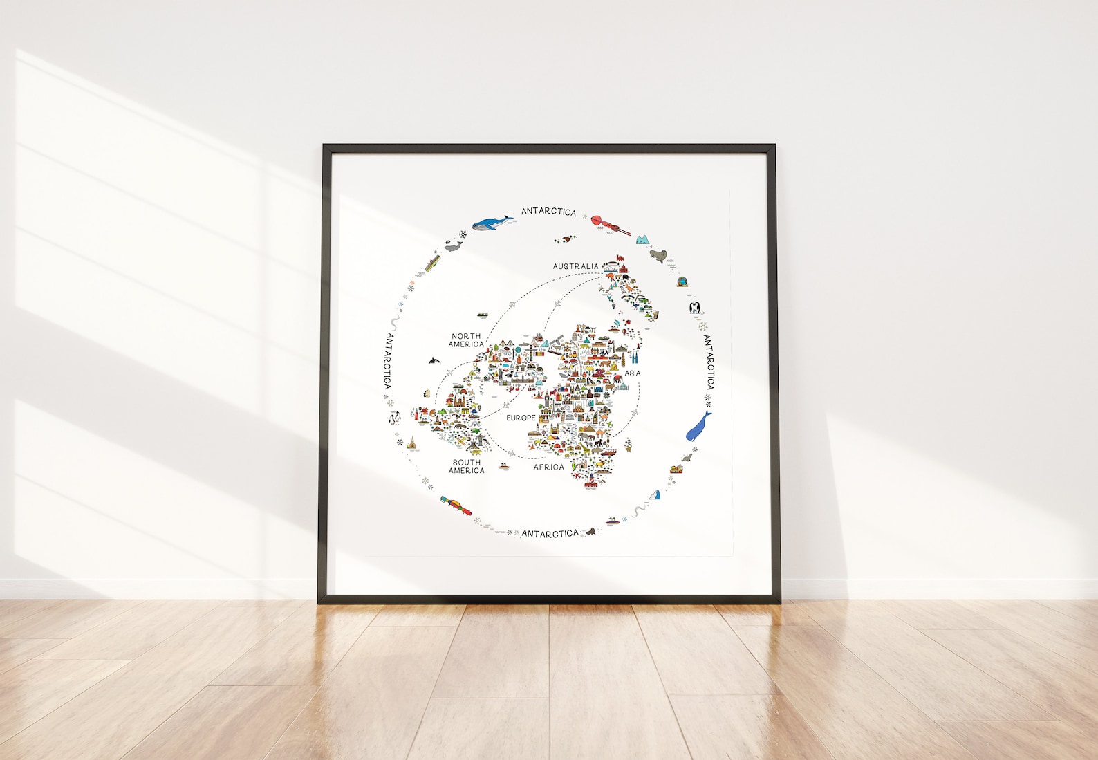 Illustrated Flat Earth Map - Cartoon Map Featuring Landmarks and ...