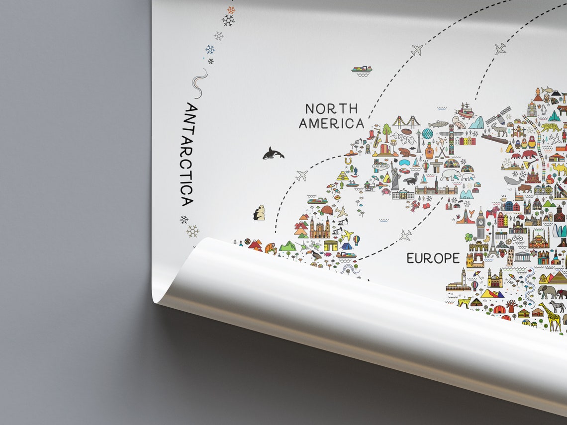 Illustrated Flat Earth Map Cartoon Map Featuring Landmarks - Etsy Canada