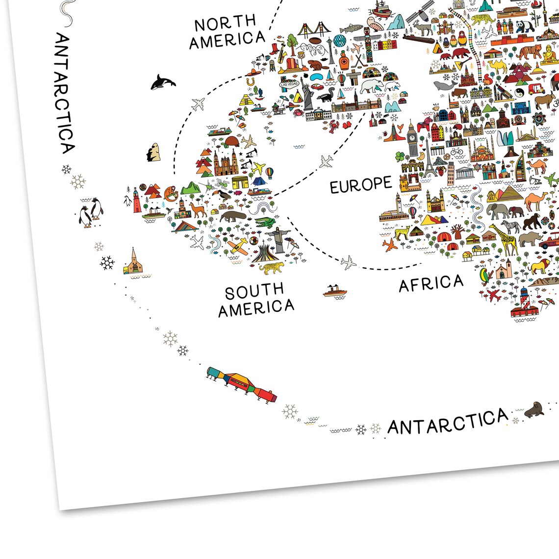 Illustrated Flat Earth Map Cartoon Map Featuring Landmarks - Etsy