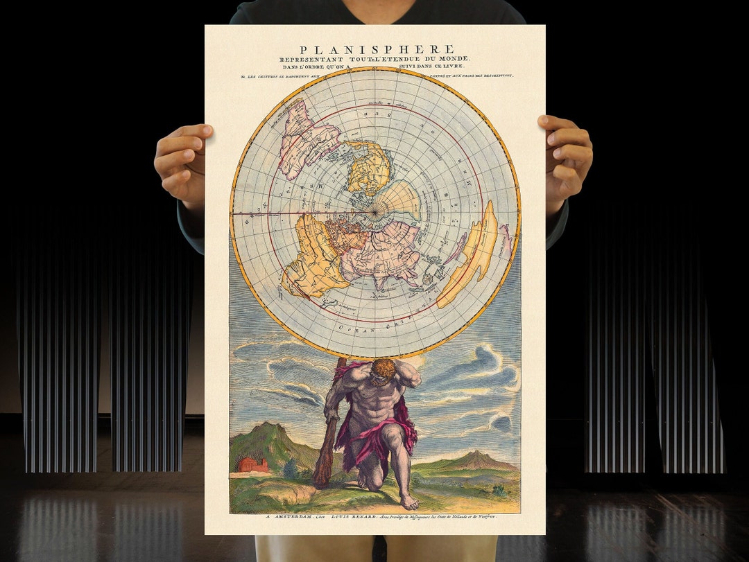 Vintage Flat Earth Planisphere World Map Print 1715 Louis Renard ...