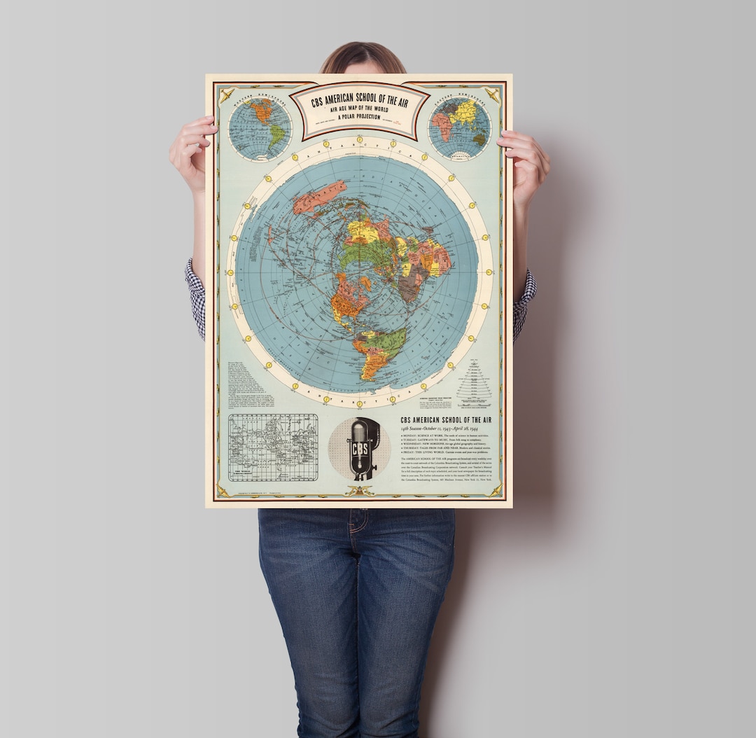 Flat Earth Map - Cbs American School of the Air Hammond Map Print, Old ...