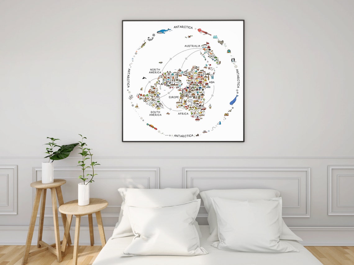 Illustrated Flat Earth Map - Cartoon Map Featuring Landmarks and ...