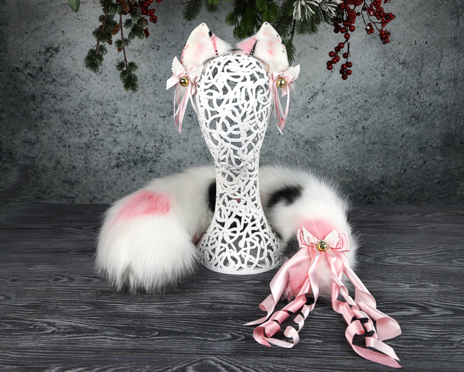 Pink Calico Cat Ears And Tail Set Handmade Faux Fur Kitten Etsy