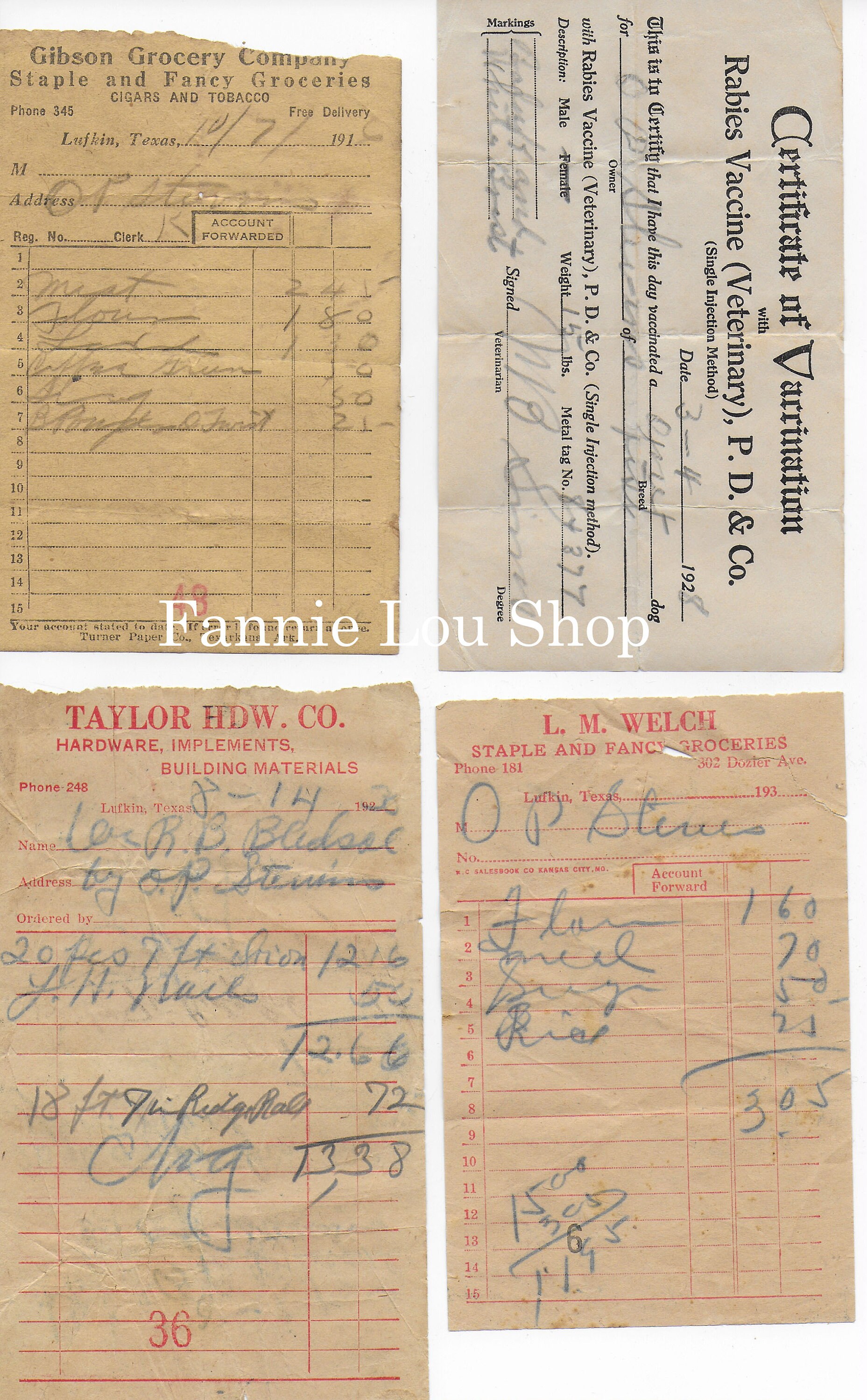 11 Receipts Dating Early 1890's to 1930 One Receipt Handwritten in ...