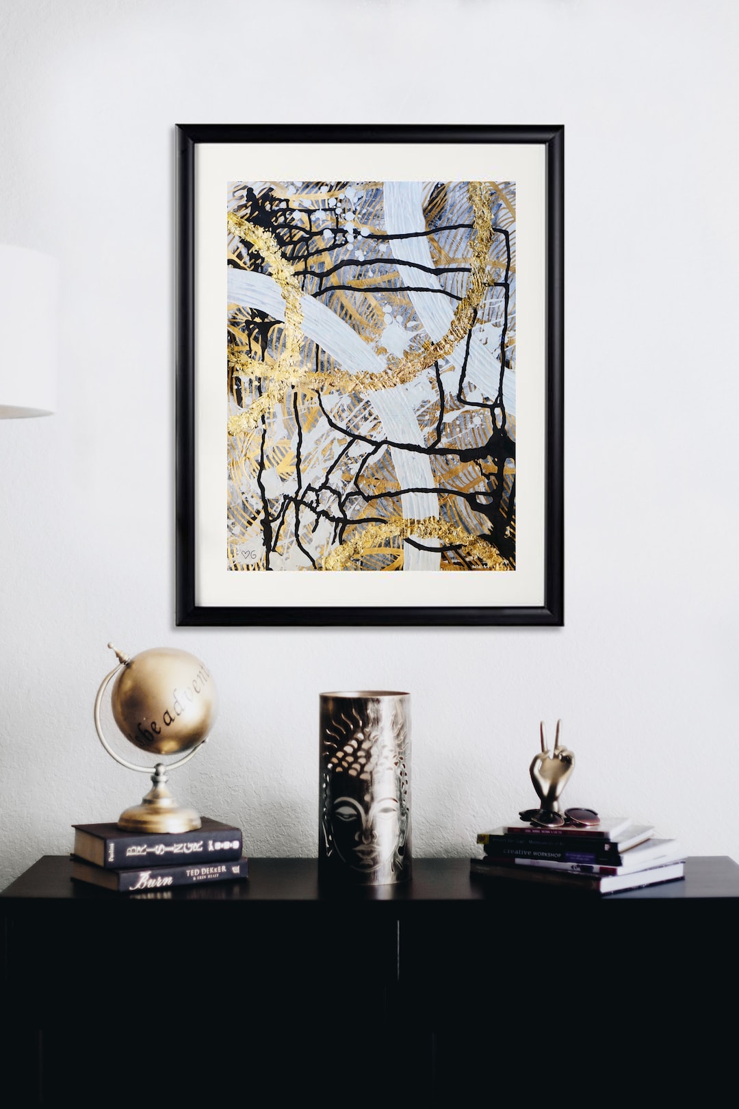 Strike the Root 24x18 Abstract Painting on Paper Black, White, and Gold ...