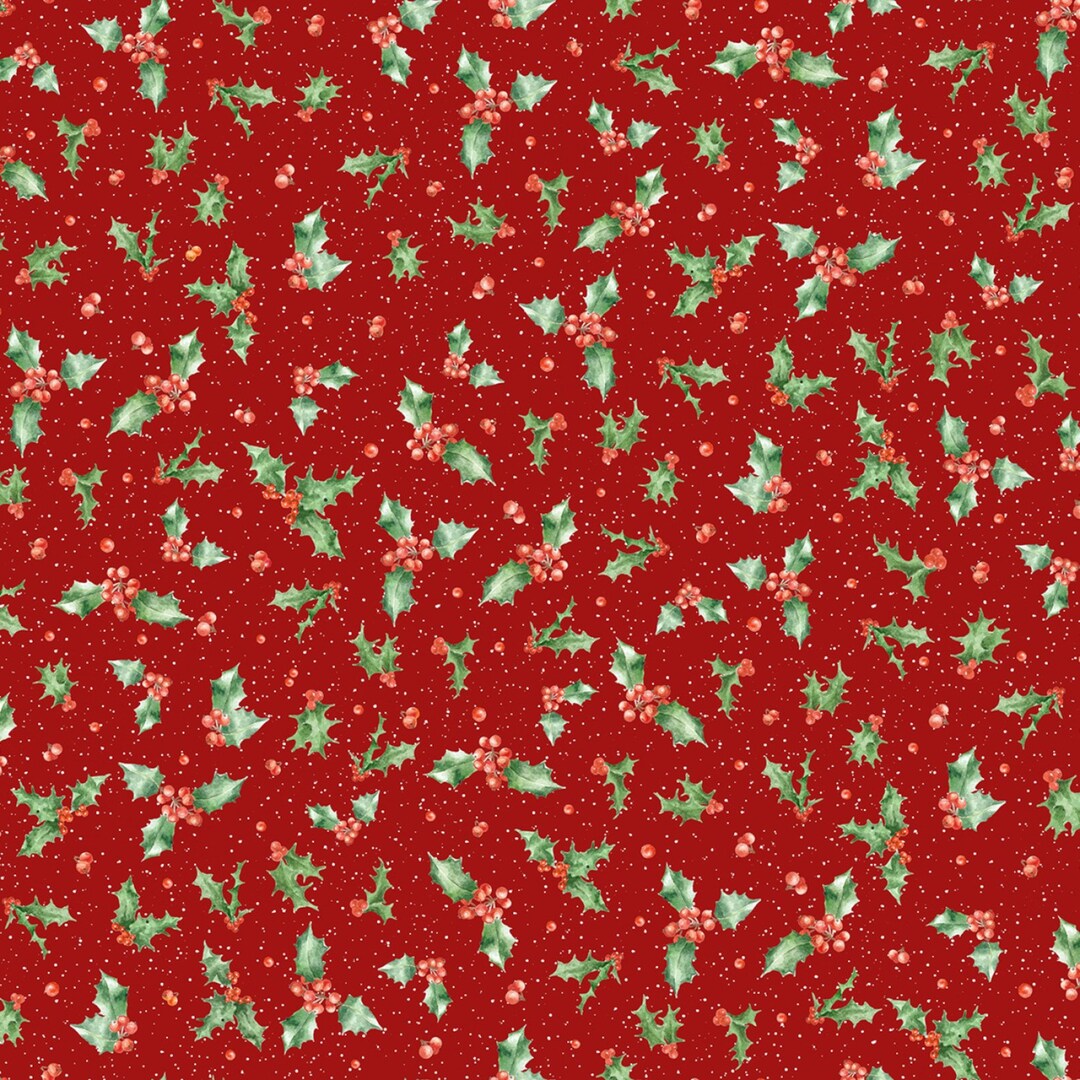 Dark Red Holly - Maywood Studio One Snowy Day - Cotton Quilting Fabric ...
