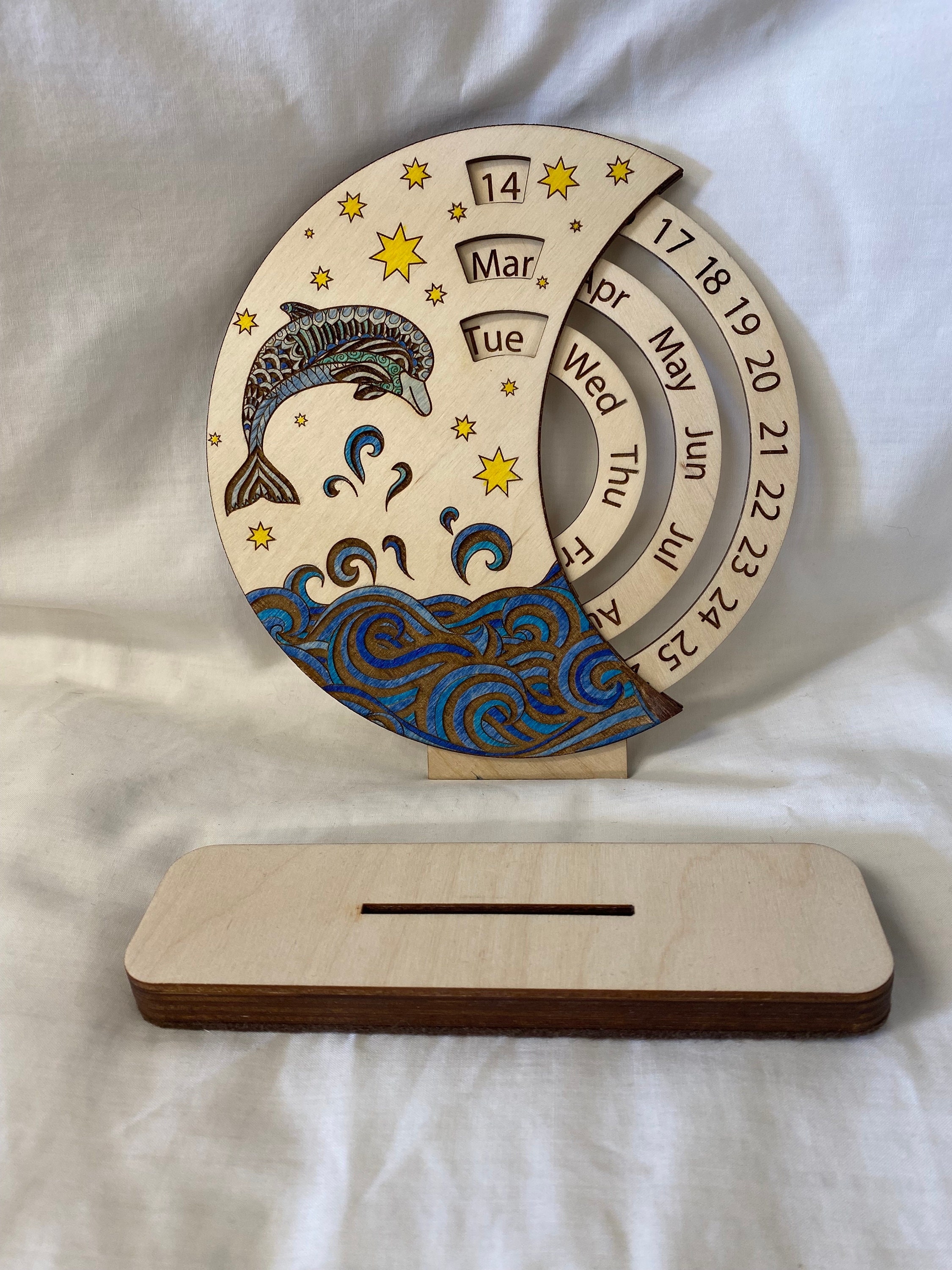 Laser Cut Dolphin Perpetual Calendar: Engraved Wood Desktop Organizer ...
