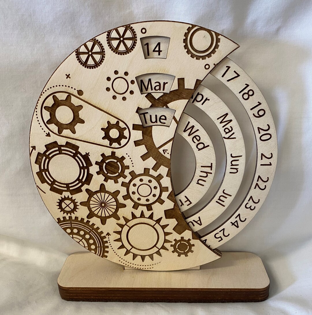 Perpetual Calendar, Gears , Gift, Laser Cut, Removable Stand, Engraved ...
