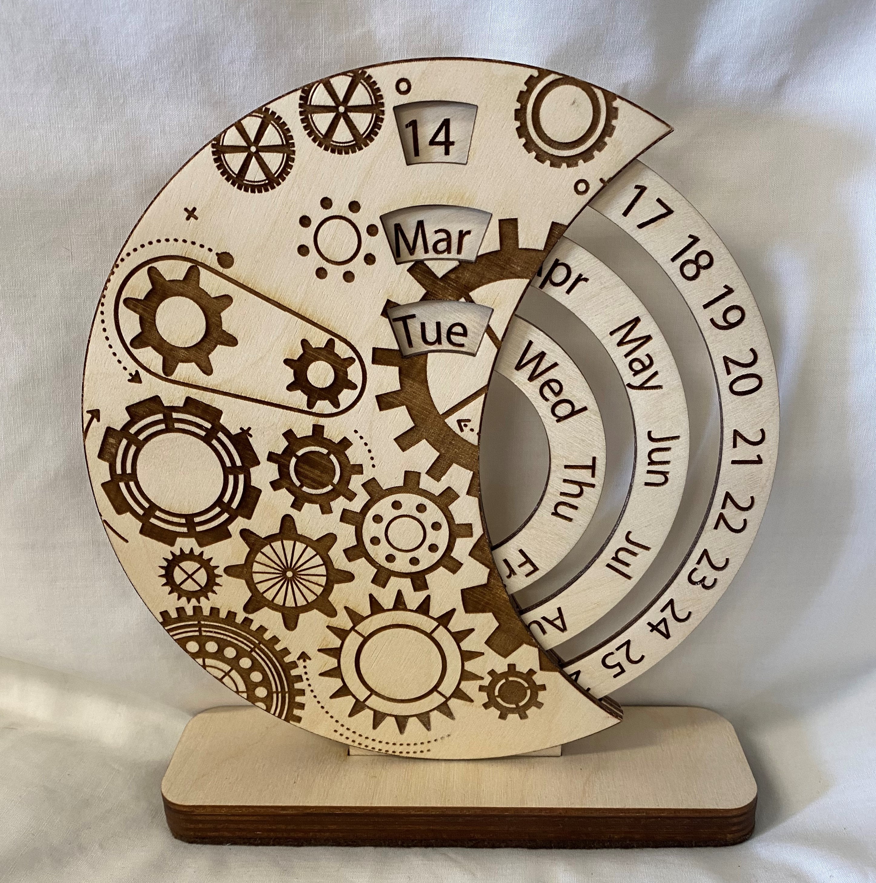 Perpetual Calendar, Gear Design, Gift, Laser Cut, Removable Stand ...