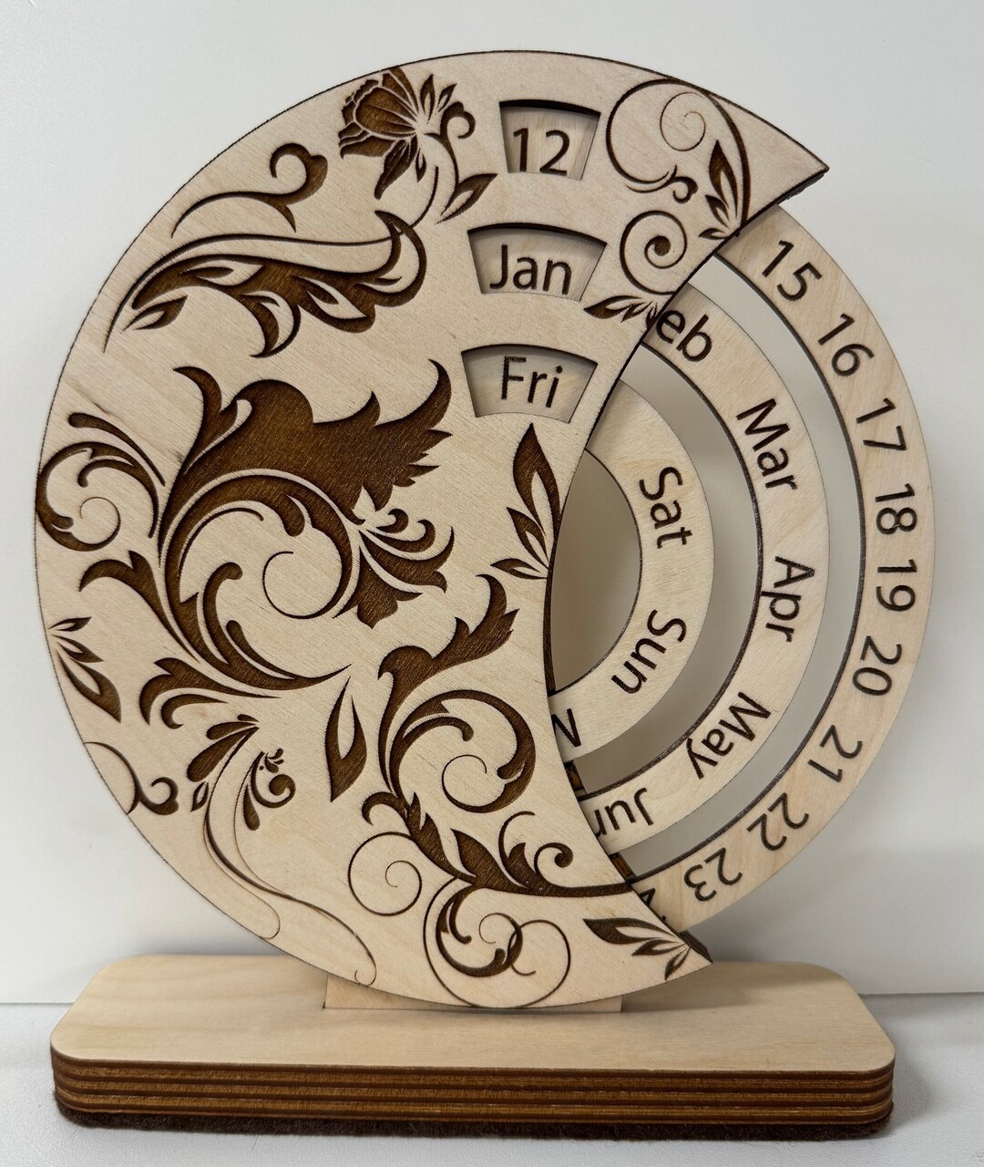 Perpetual Calendar, Swirled Flowers , Gift, Laser Cut, Removable Stand ...