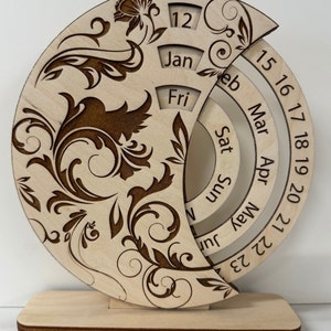 Perpetual Calendar, Swirled Flowers , Gift, Laser Cut, Removable Stand ...