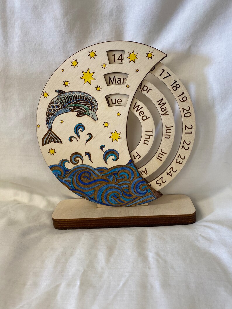 Laser Cut Dolphin Perpetual Calendar: Engraved Wood Desktop Organizer ...