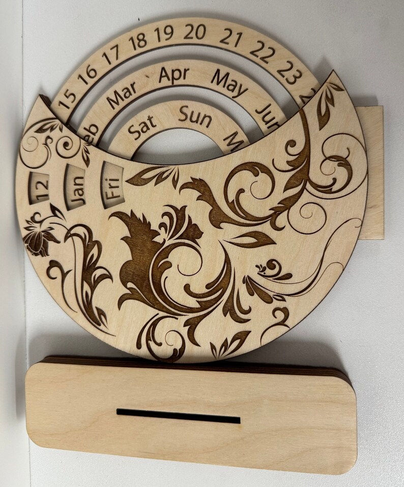 Perpetual Calendar, Swirled Flowers , Gift, Laser Cut, Removable Stand ...