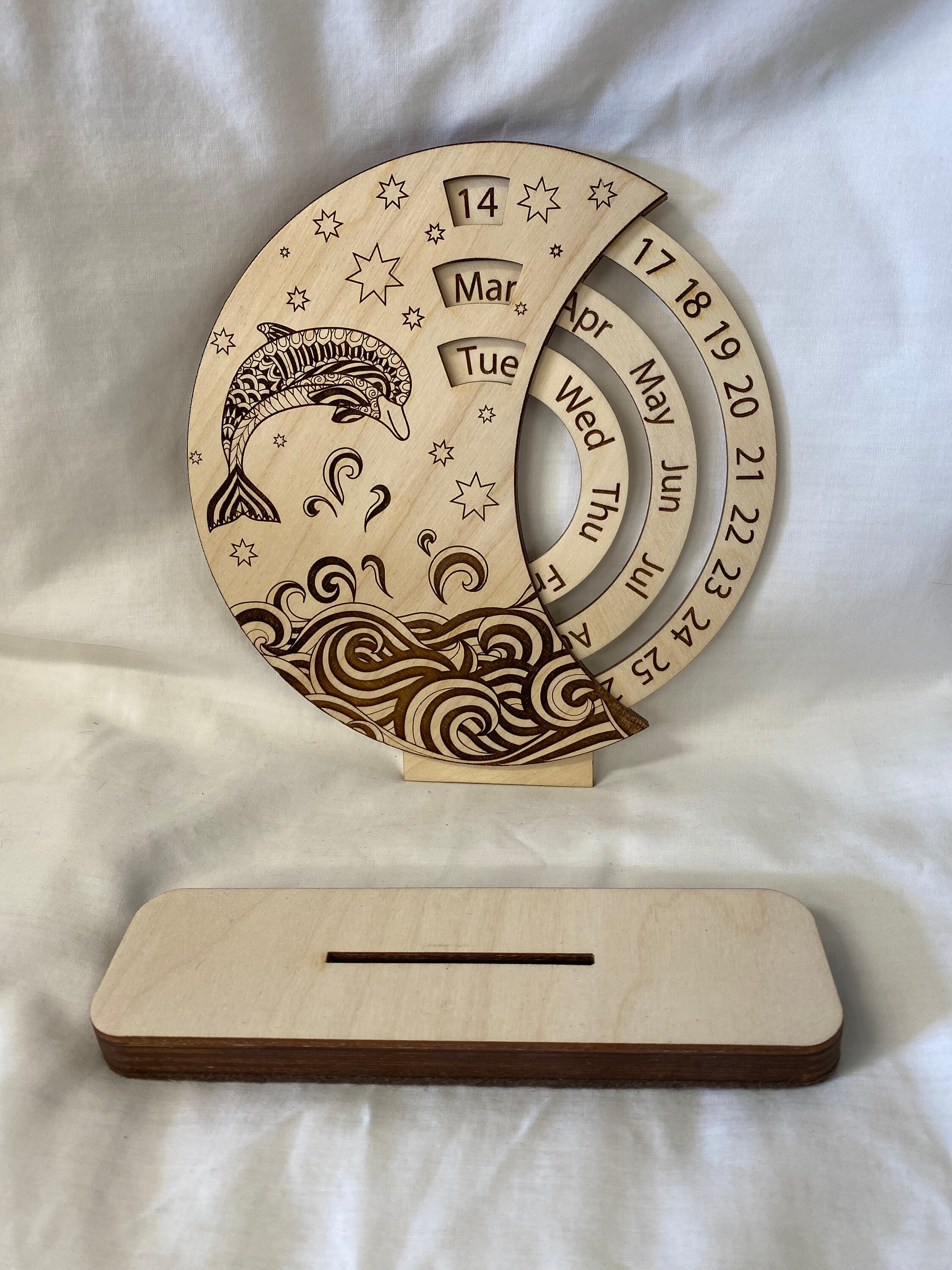 Laser Cut Dolphin Perpetual Calendar: Engraved Wood Desktop Organizer ...