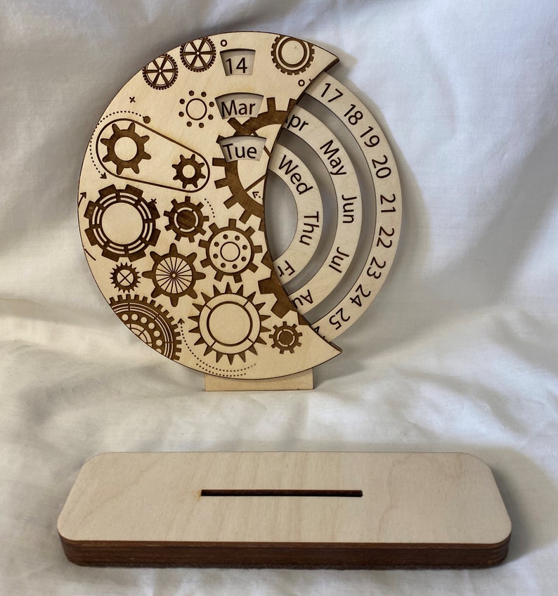 Perpetual Calendar, Gear Design, Gift, Laser Cut, Removable Stand ...