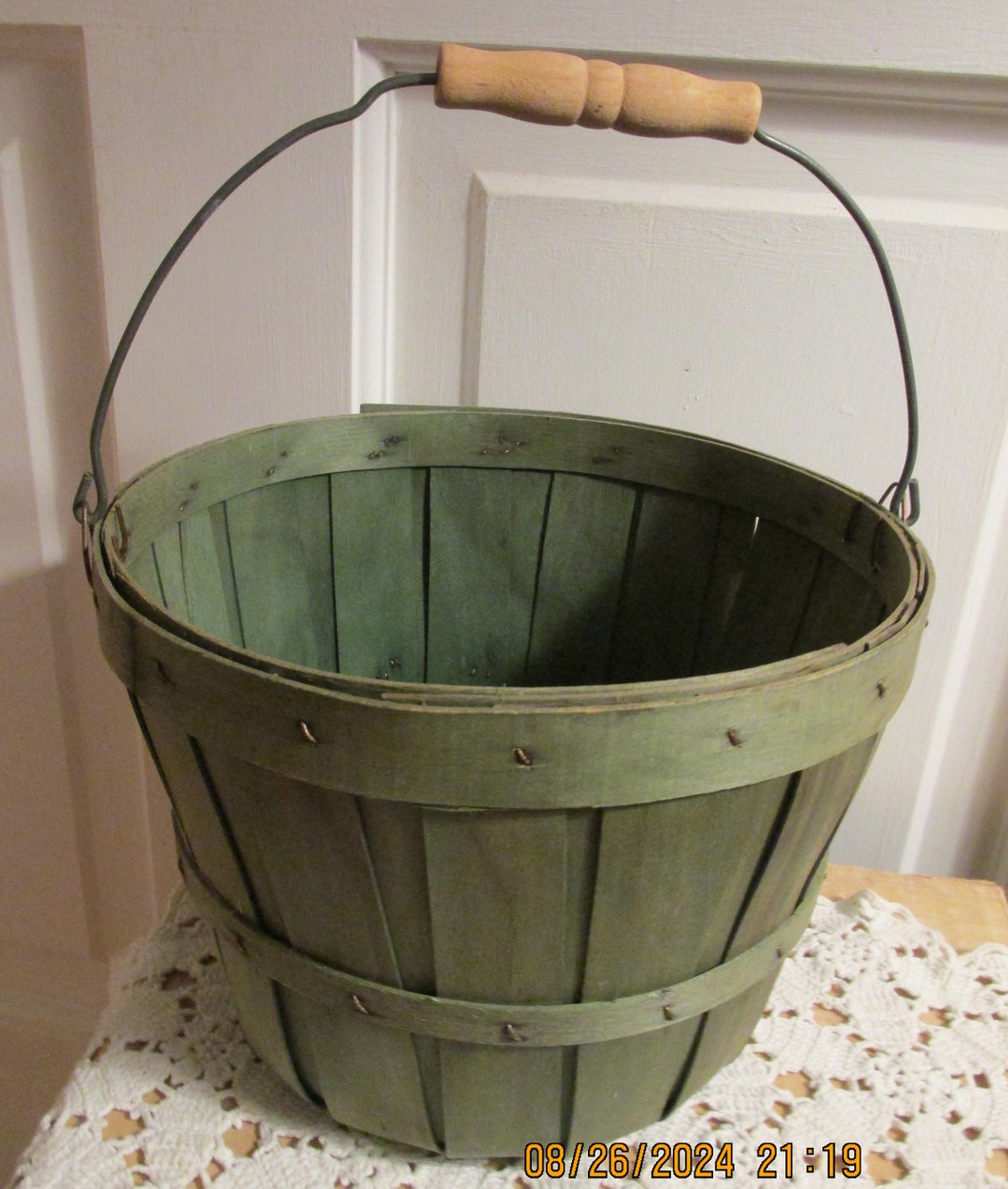 Green Split Wood Product Basket Wire Bale With Wood Handle 8 in ...