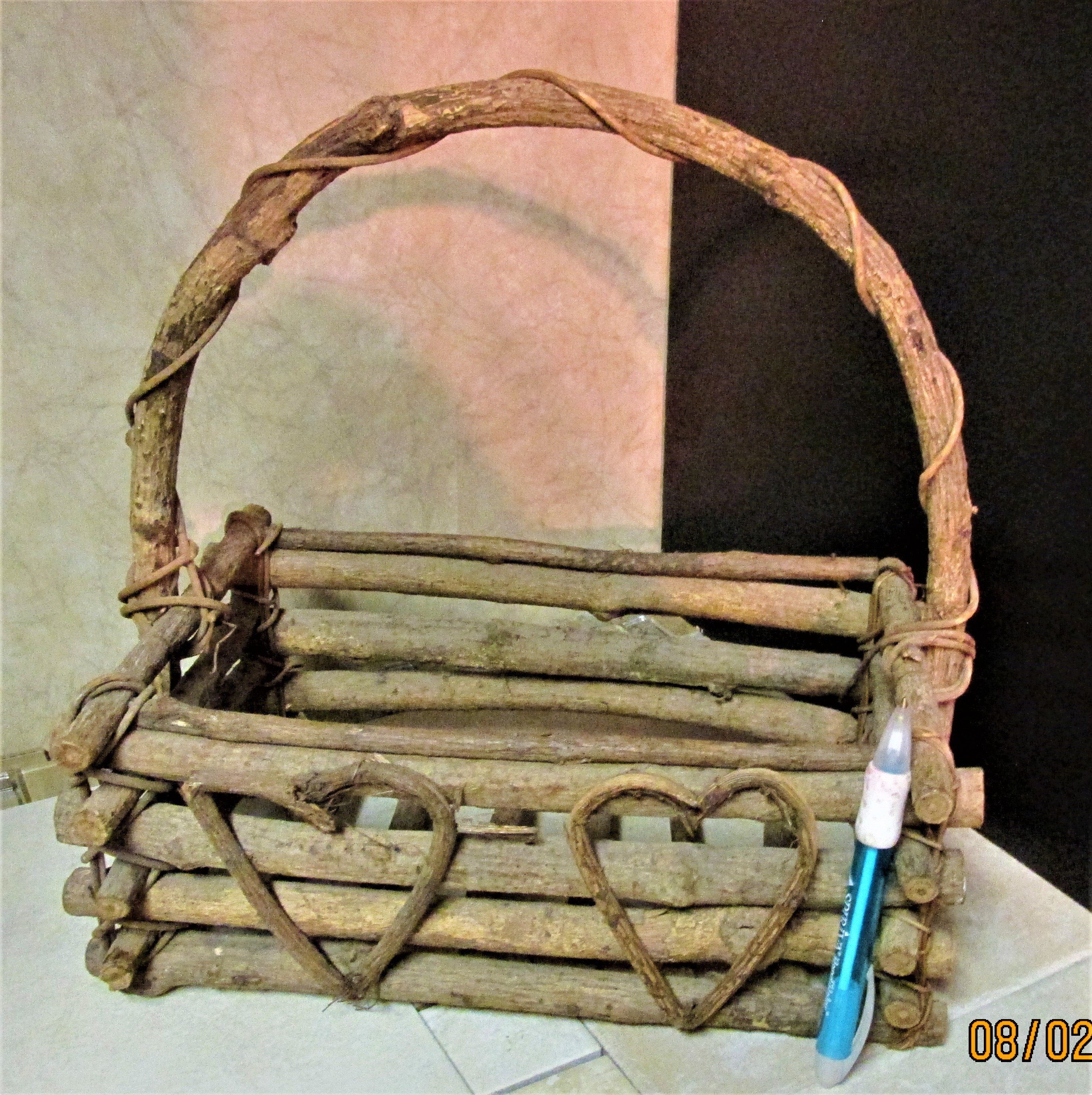 Rectangle Primitive Rustic Stick Twig Basket W/ Handle & Vine Hearts - Etsy