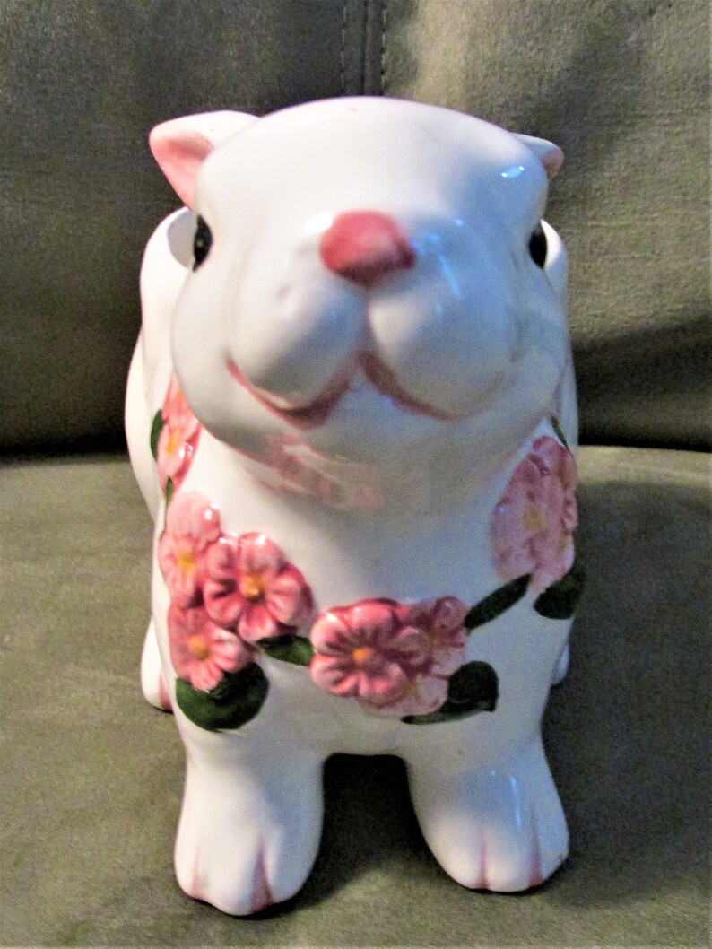 Ceramic Bloom Rite Bunny Planter With Pink Flowers - Etsy