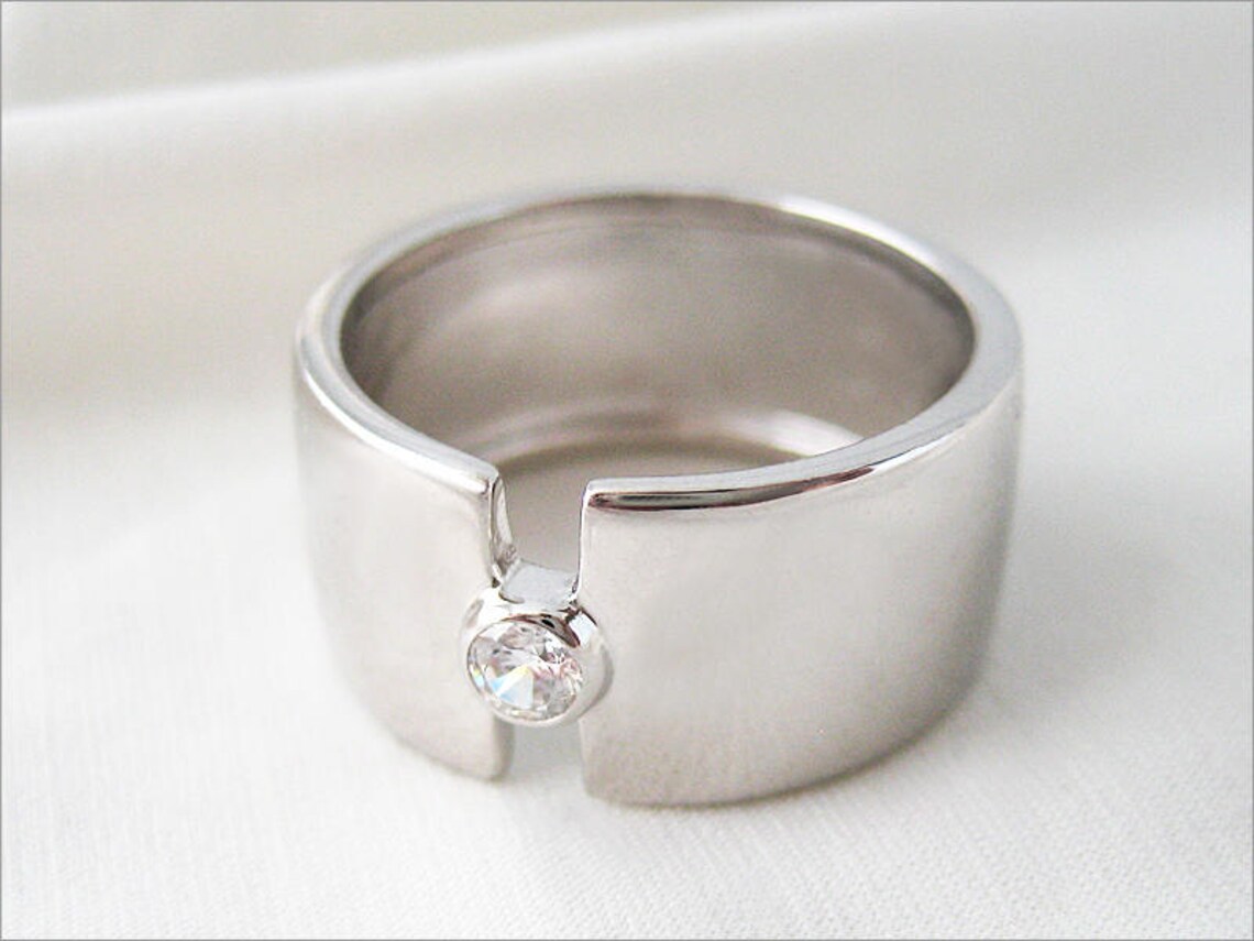 Bague anneau large en argent massif 925/1000e zirconium CZ en - Etsy France