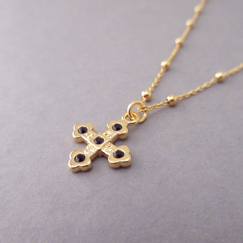Collier pendentif croix grecque byzantine avec cristaux noirs plaqué or ...