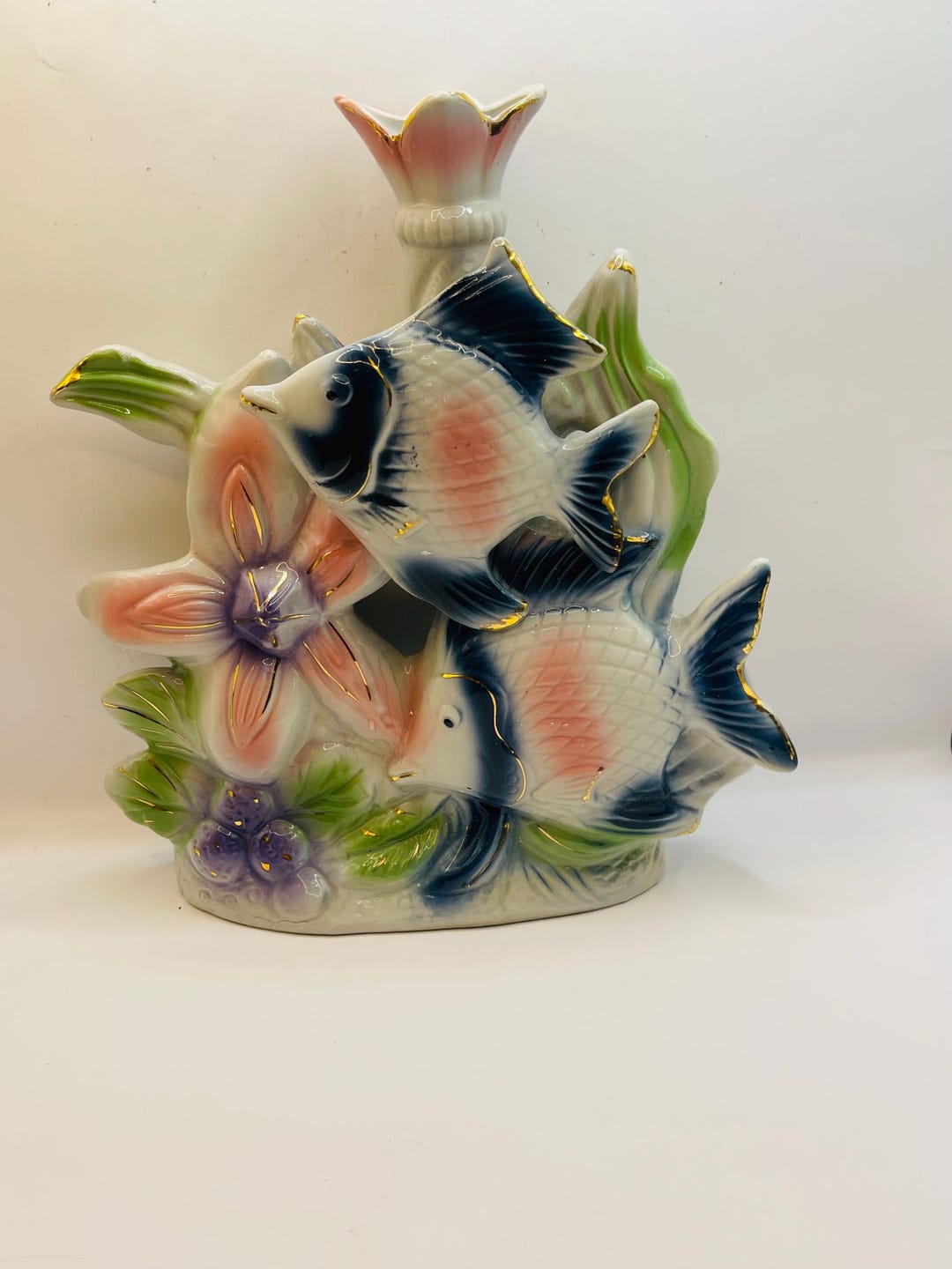Colorful Vintage Fish Vase With Gold Accents - Etsy