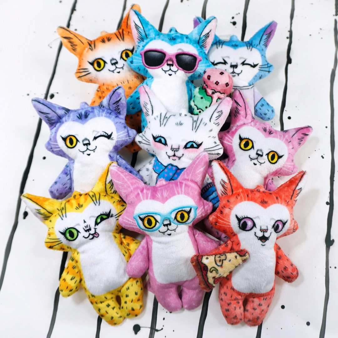 Nine Cat Dolls, Big Set of Cute Plush Dolls in Bright Colours, Made ...