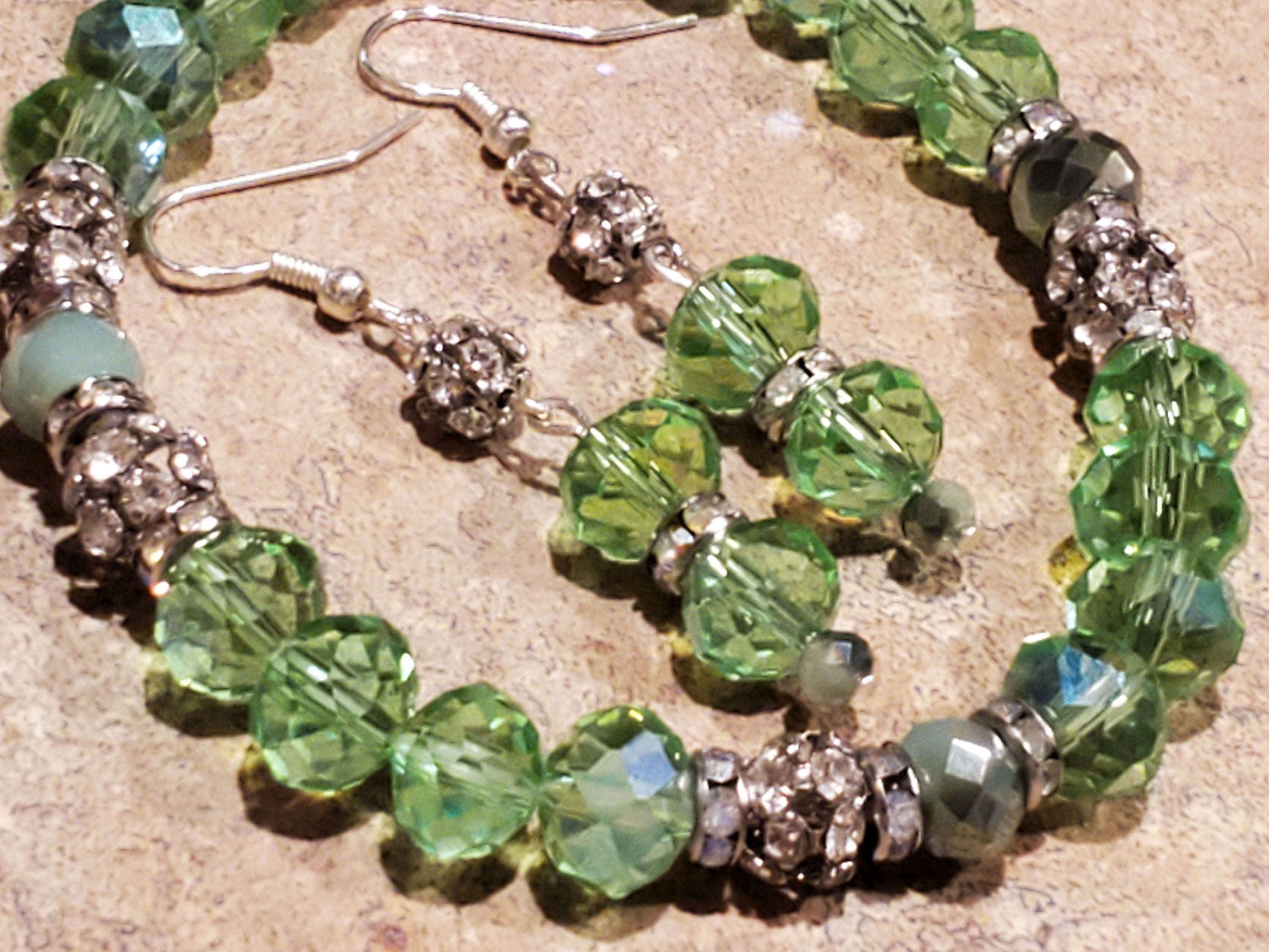 Green Glass Beads With Rhinestones and Silver Rhinestone Ball - Etsy