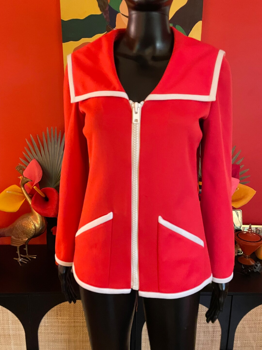 Vintage 70s Cherry Red Sailor Collar Jacket - Etsy