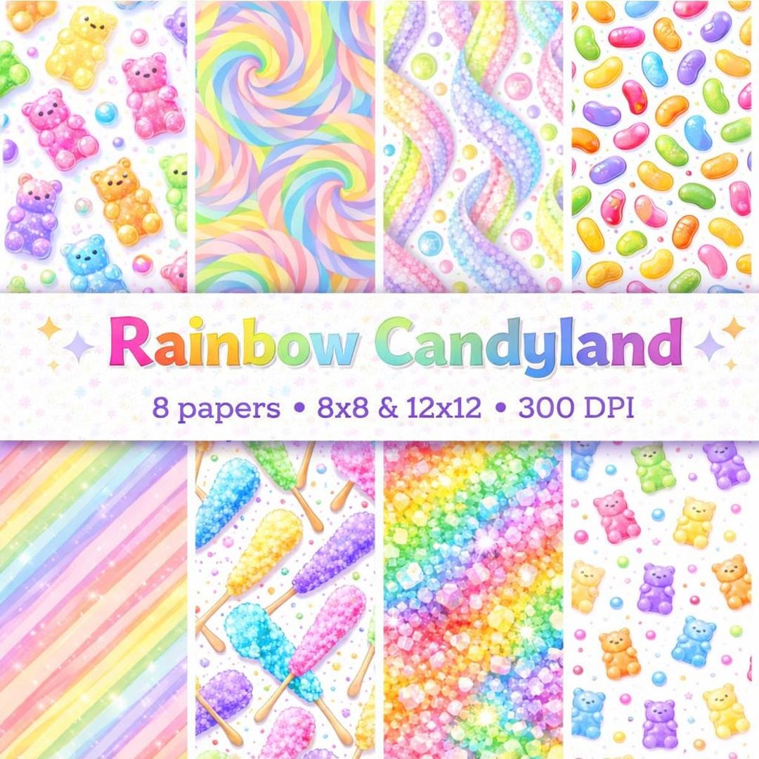 Rainbow Candyland Digital Paper Pack + Printable Notepad Bonus, 8x8 ...