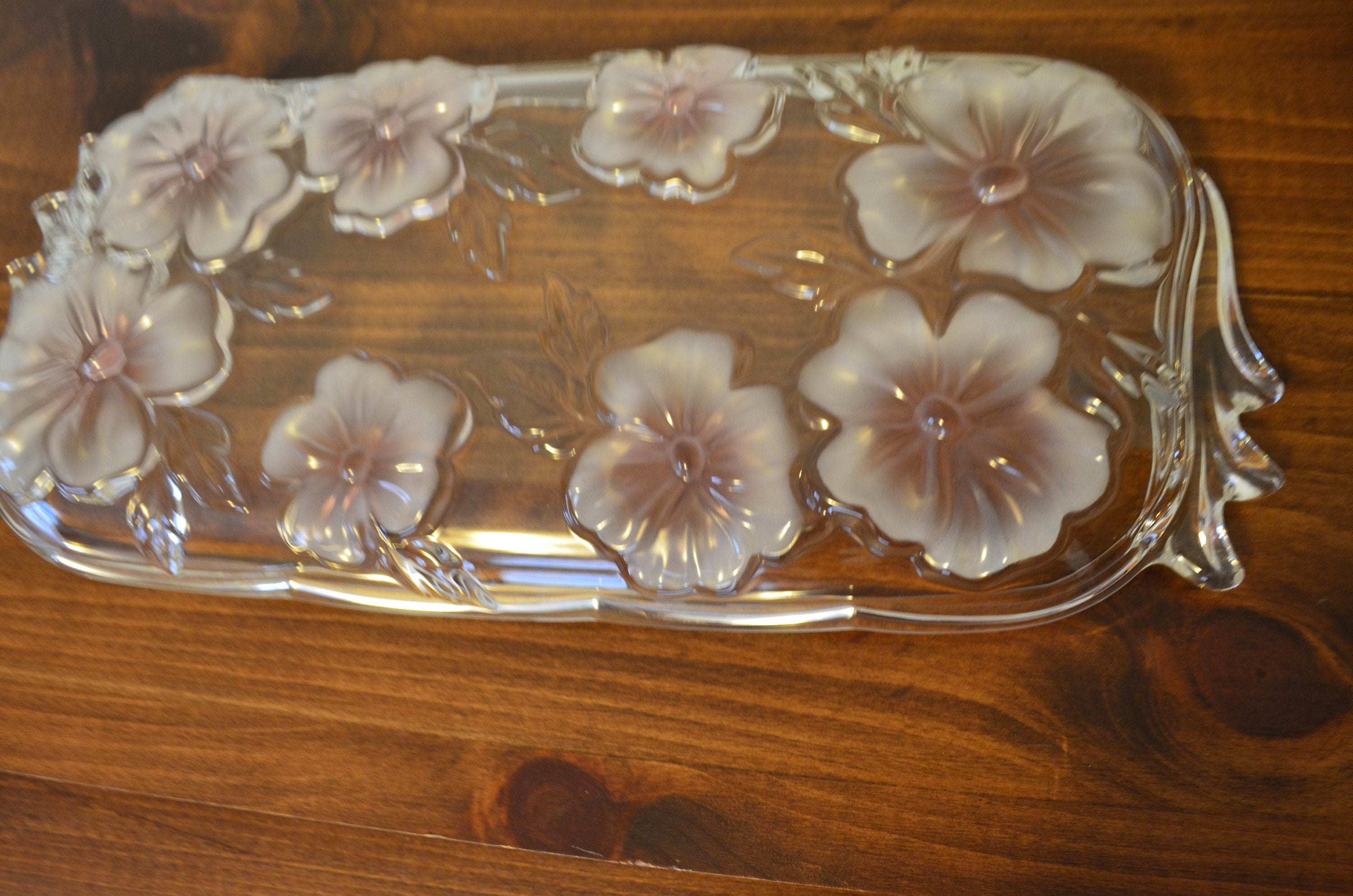 Frosted White and Pink Flowered Serving Tray Ribbed Edge - Etsy