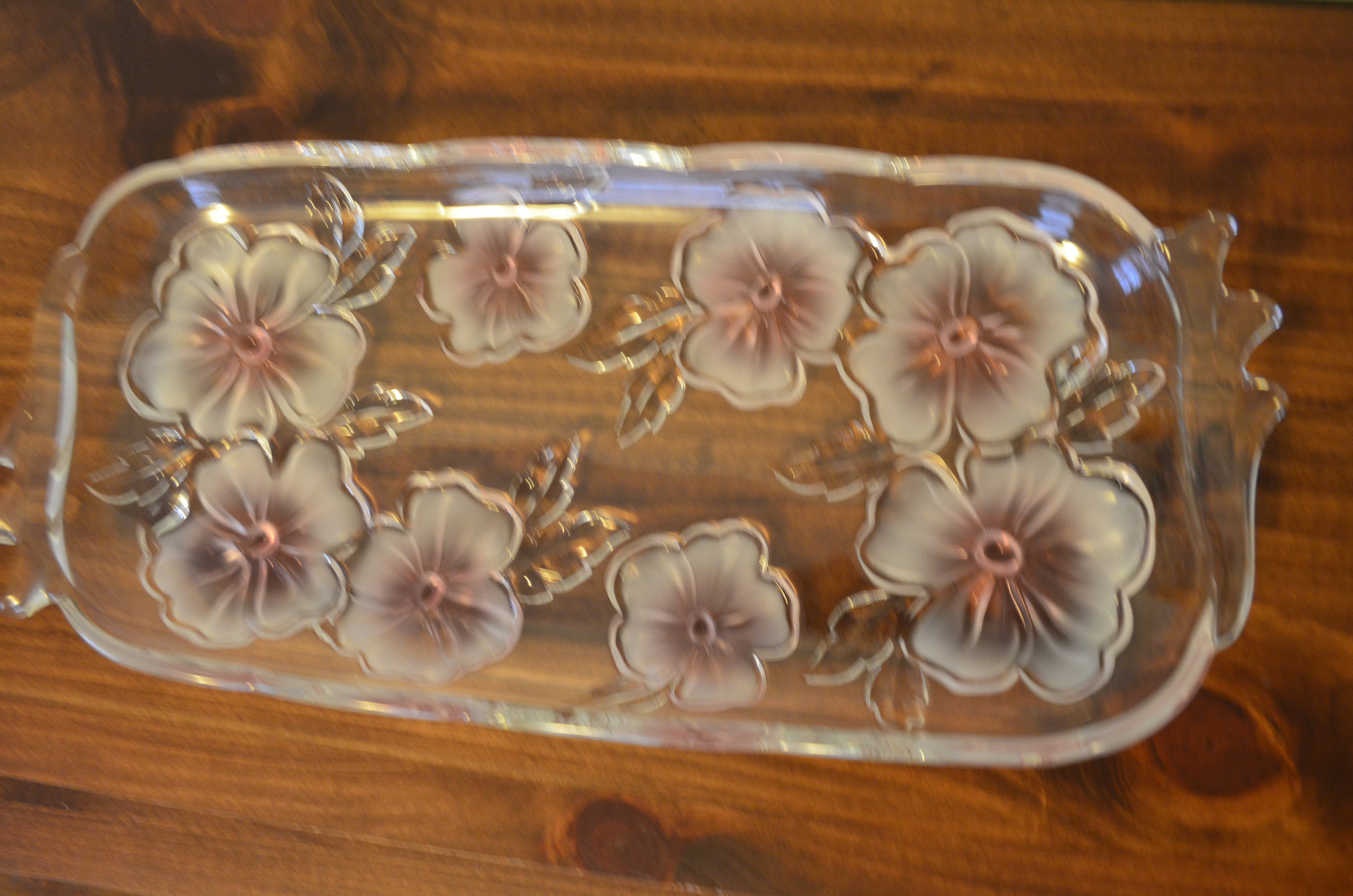 Frosted White and Pink Flowered Serving Tray Ribbed Edge - Etsy
