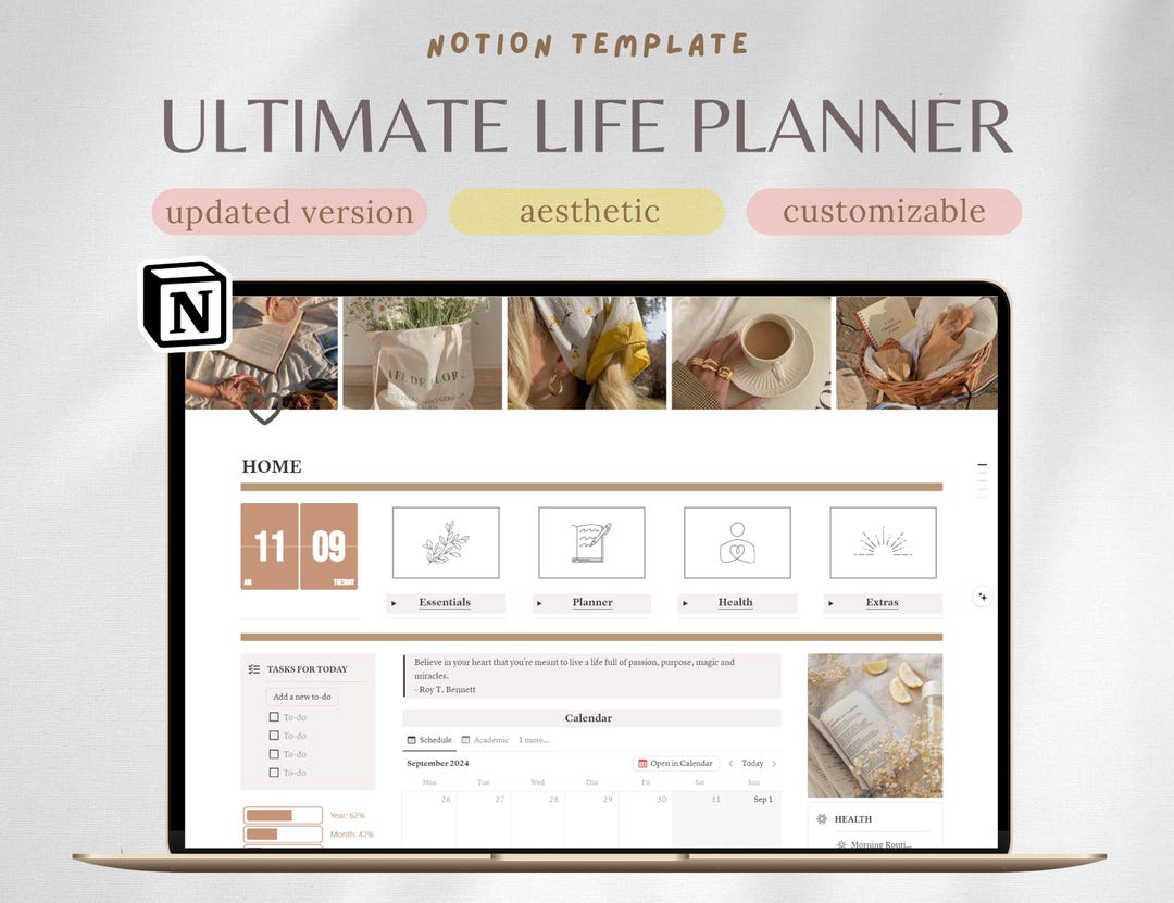 Notion Planner Template Aesthetic Digital Planner Editable All in One ...