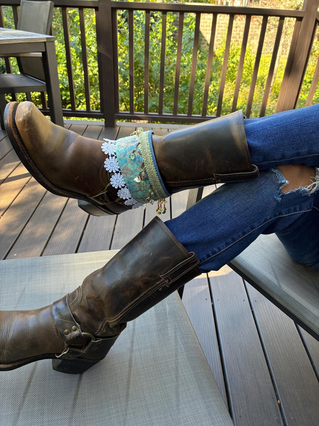 Boho Denim Boot Wrap – Calico, Beaded Seashell, Daisy Trim - Etsy
