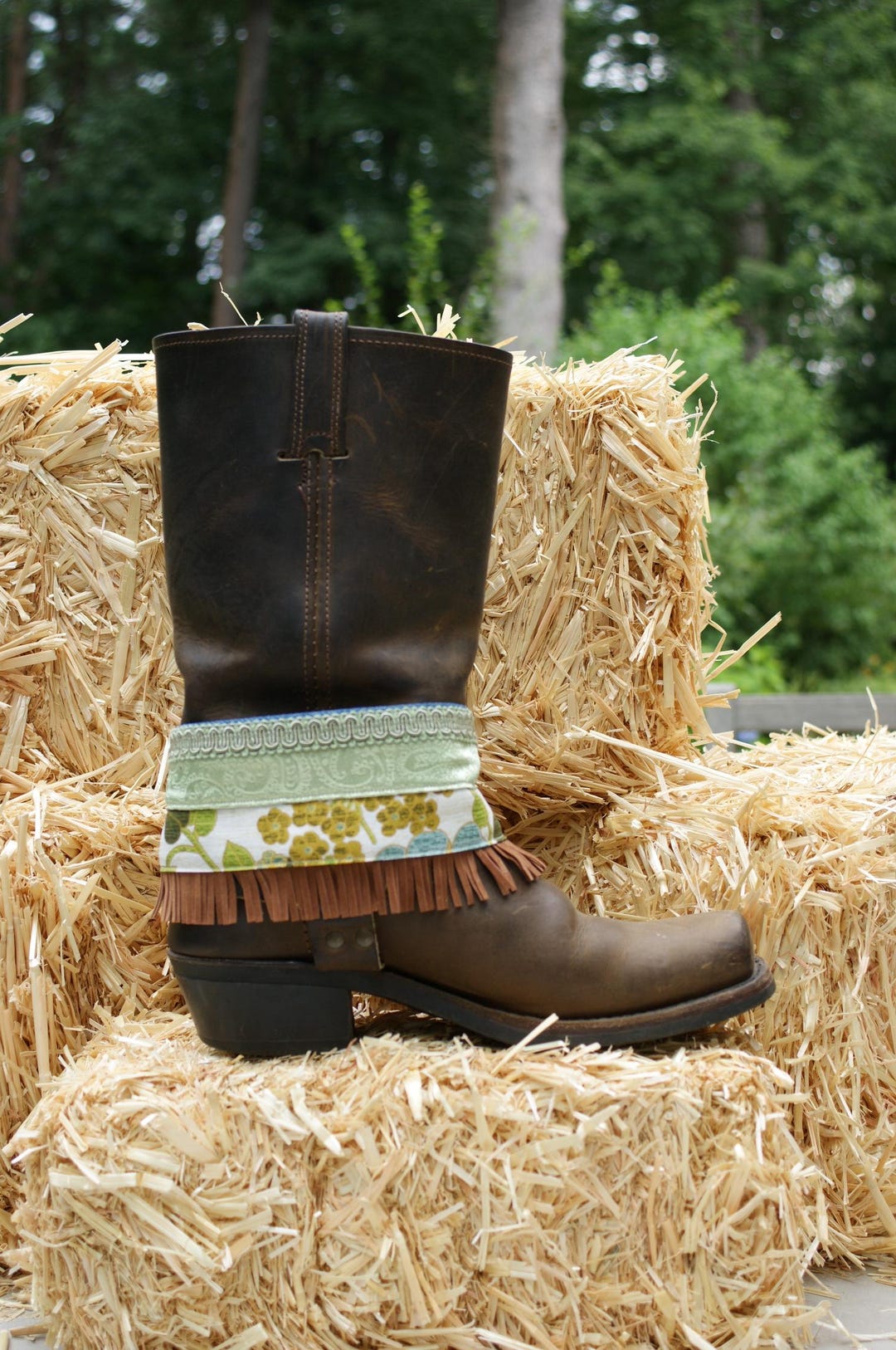 Green Lace Boot Wrap With Suede Fringe and Crystals – Denim Button Boot ...