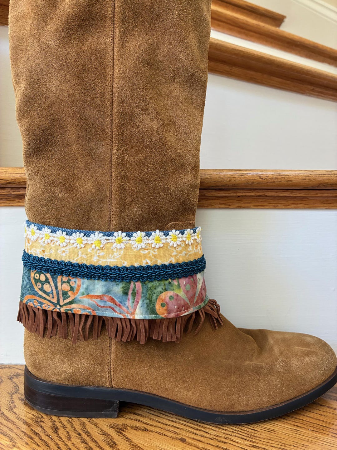 Handmade Denim Boot Wrap: Suede Fringe, Daisy & Blue Trim - Etsy