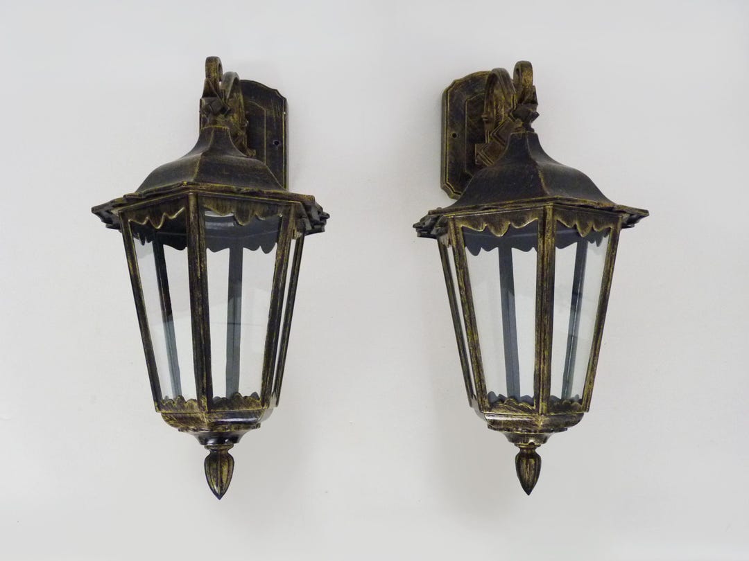 Large Pair of Outdoor Lantern Wall Lights, Lanterns in Blackened Metal ...