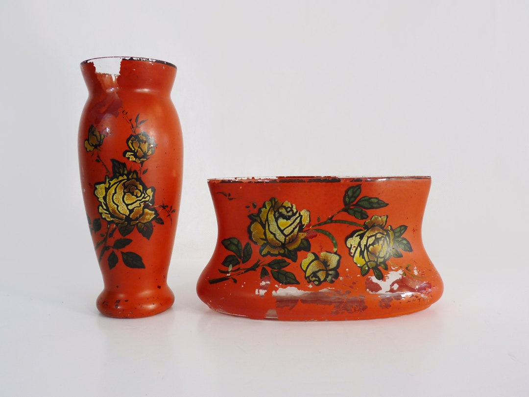 Old Fireplace Set, Vase and Glass Planter With Floral Motifs - Etsy