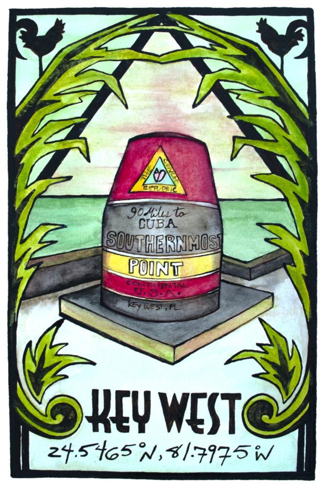 Key West Painting, Key West Drawing, Travel Artwork, Tropical Art ...