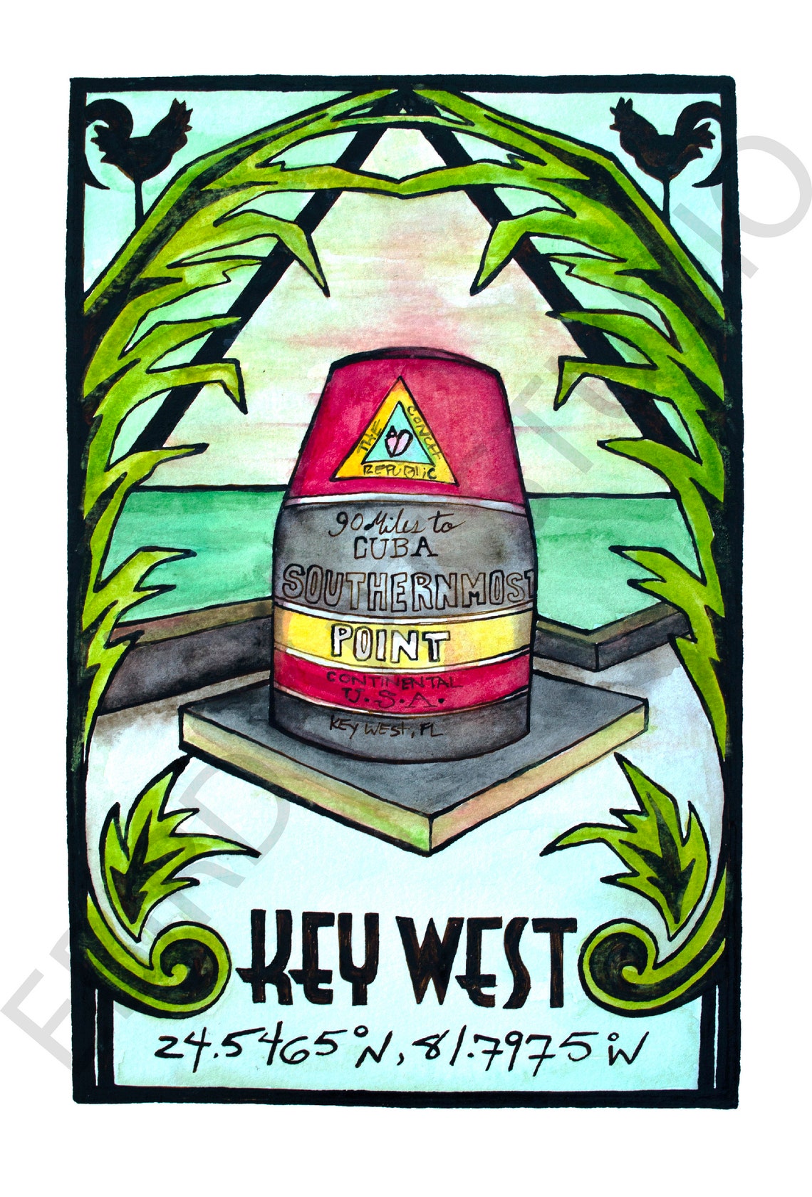 Key West Painting, Key West Drawing, Travel Artwork, Tropical Art ...