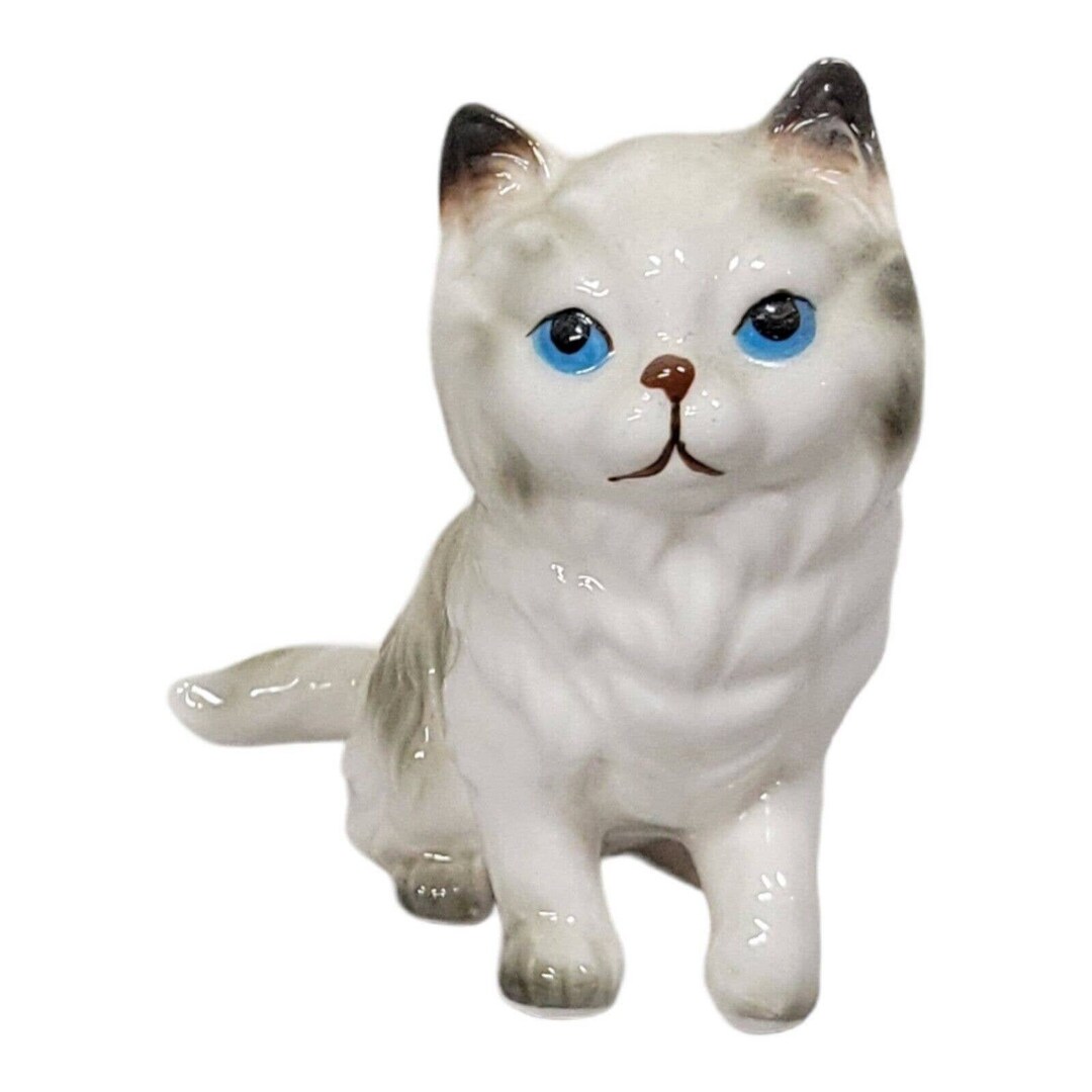 Vintage Large White Ceramic Cat Figure With Blue Eyes - Etsy