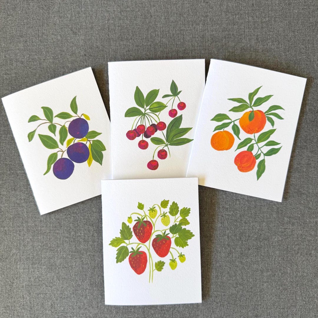 Hand-painted Summer Fruit Note Card Set: Strawberry, Peach, Plum ...