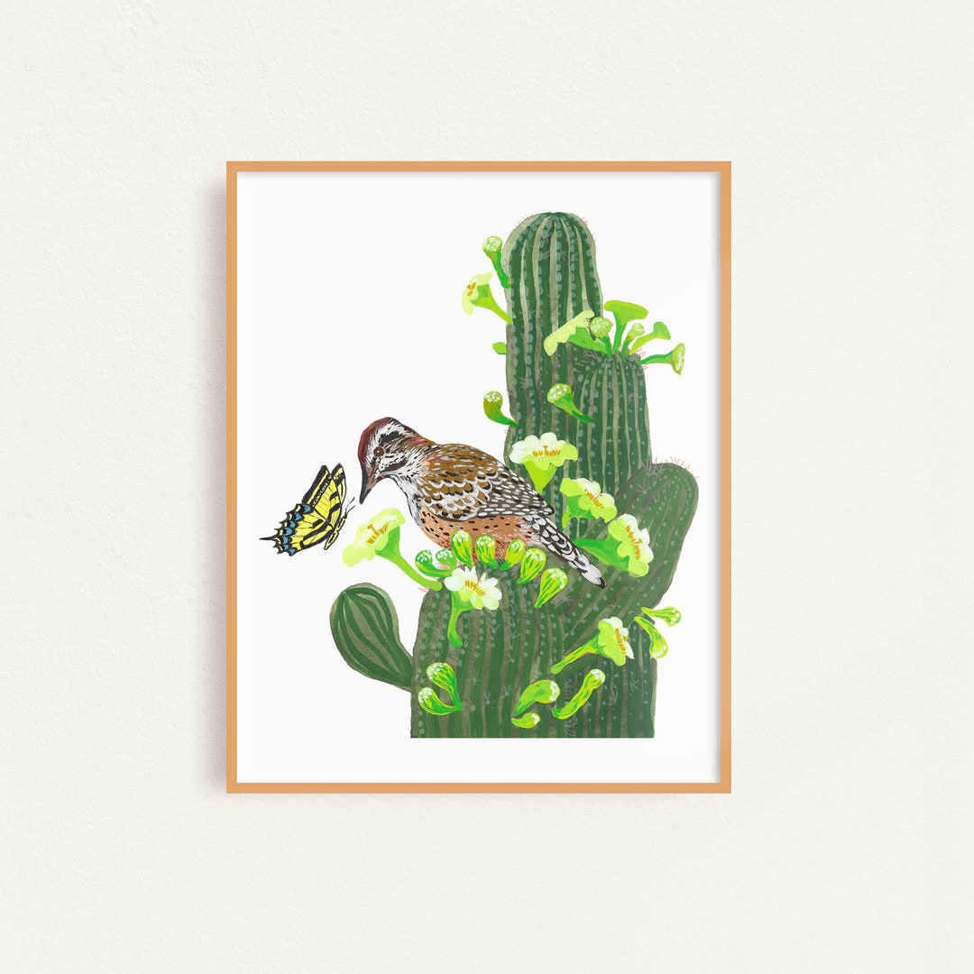 Arizona Cactus Wren and Saguaro Cactus Flowers Art Print, Arizona State ...