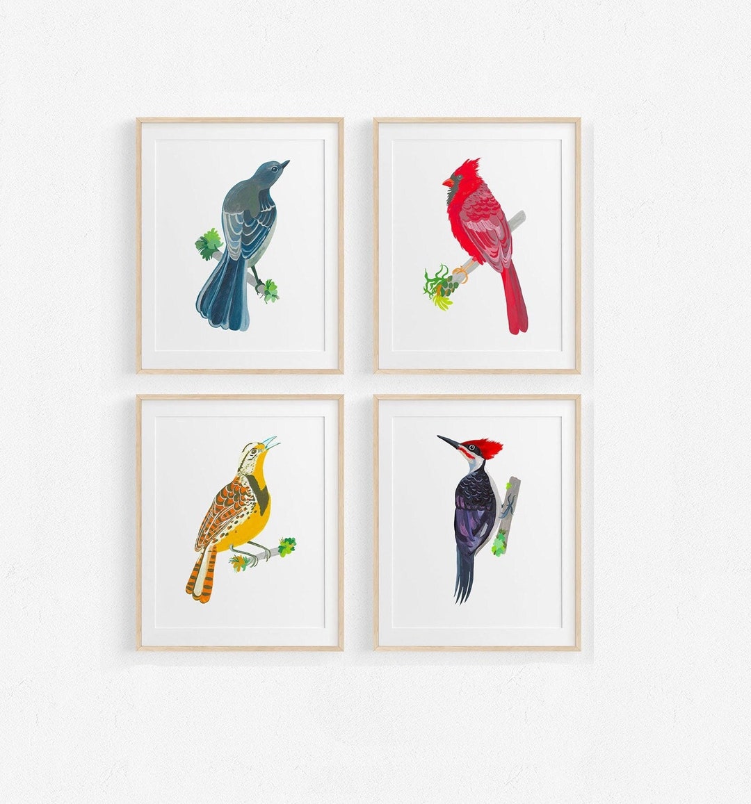 Set of 4 Bird Mini Art Prints, 5 X 7 Assorted Mini Prints- Mockingbird ...