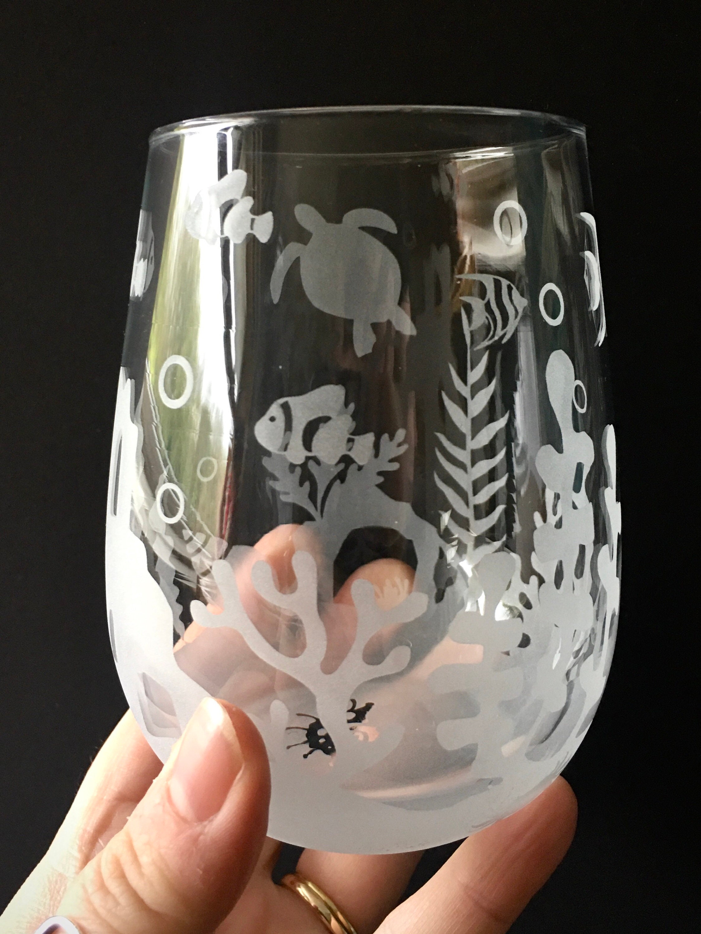 Ocean Life Etched Glasses, Marine Life Wine Glass, Coral Reef Glass ...
