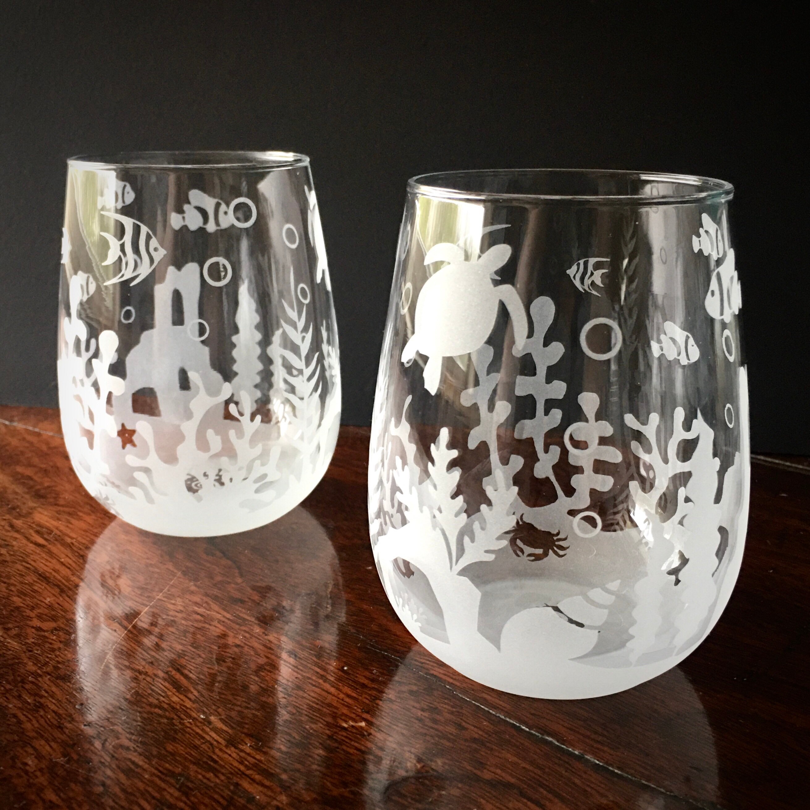Ocean Life Etched Glasses, Marine Life Wine Glass, Coral Reef Glass ...