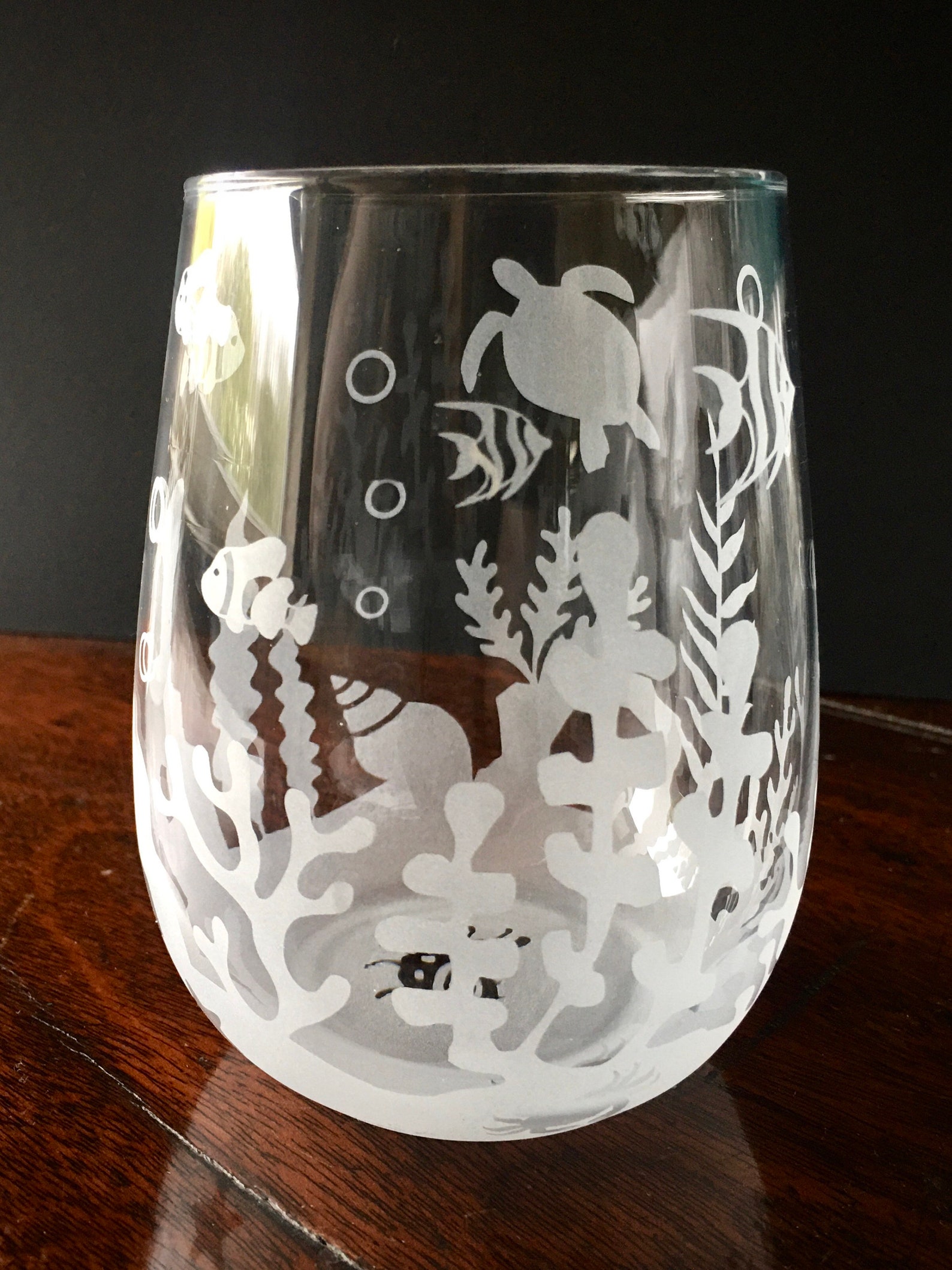 Ocean Life Etched Glasses, Marine Life Wine Glass, Coral Reef Glass ...