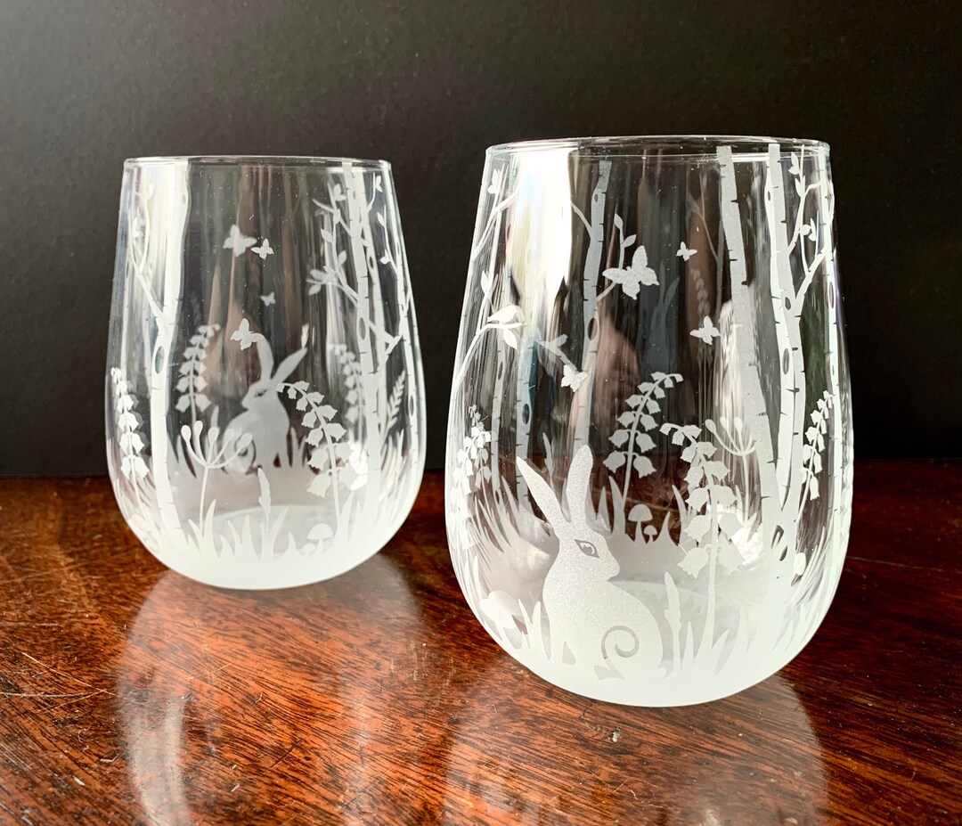 Bluebell Woodland Etched Glasses, Hare in Birch Trees Etched Glass ...
